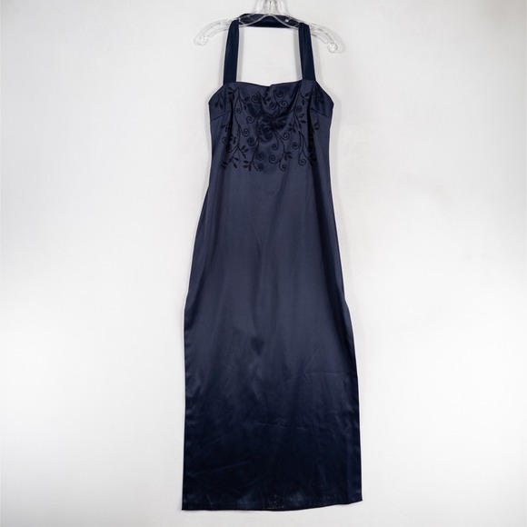 Rampage | Dresses | Vtg Rampage Maxi Dress 1 Navy Blue Satin Halter 3d ...
